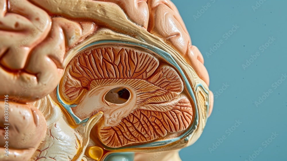 Frontal view anatomical model of the human brain, focusing on the ...