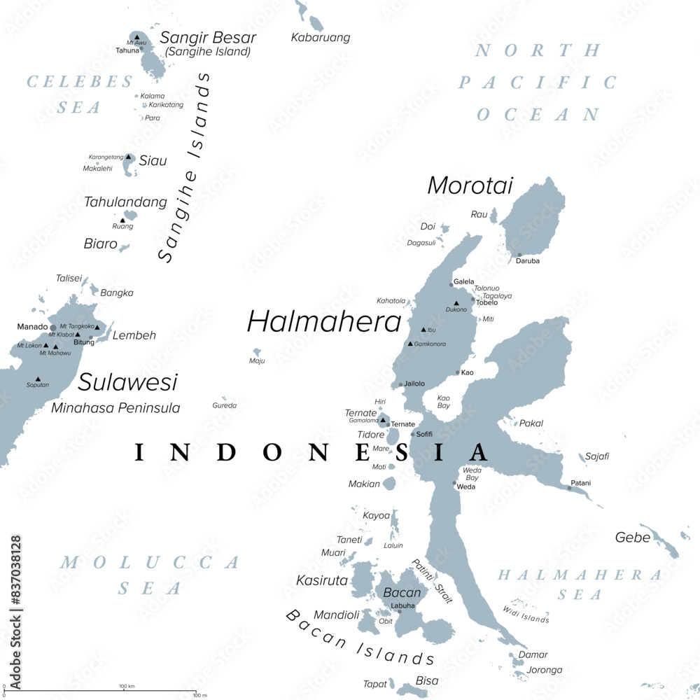 Halmahera, island in Indonesia, gray political map. Largest island of ...