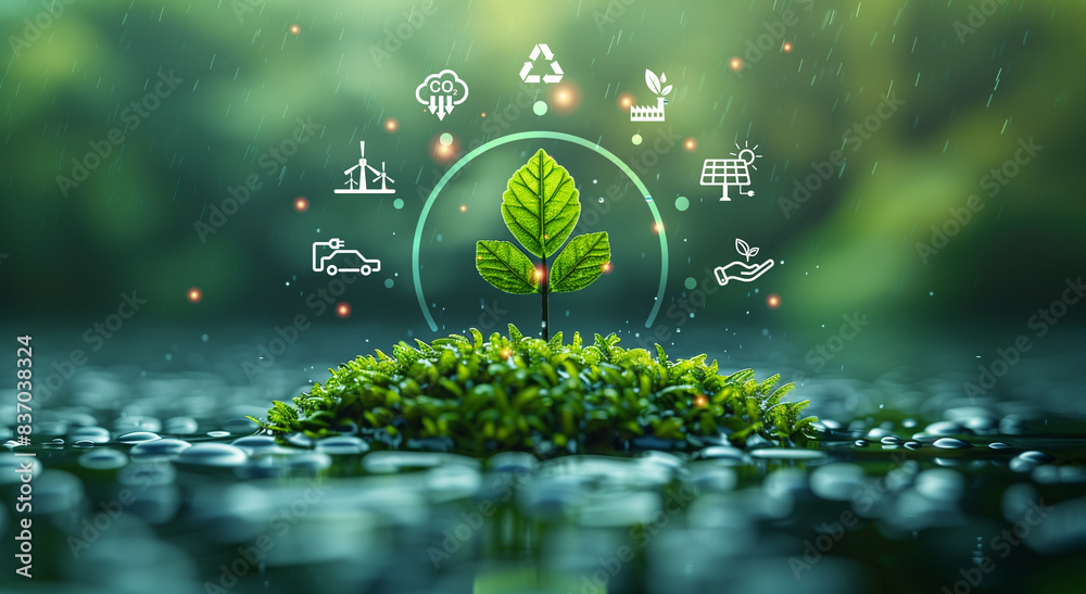 virtual globe with circular economy icons on natural and city ...