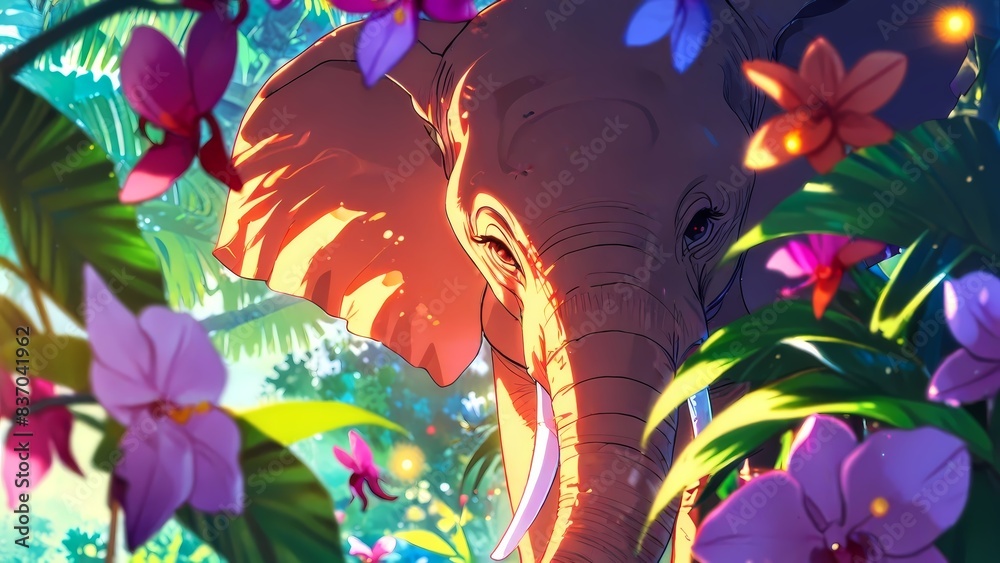elephant surrounded by orchids Anime style illustration flat vector art ...