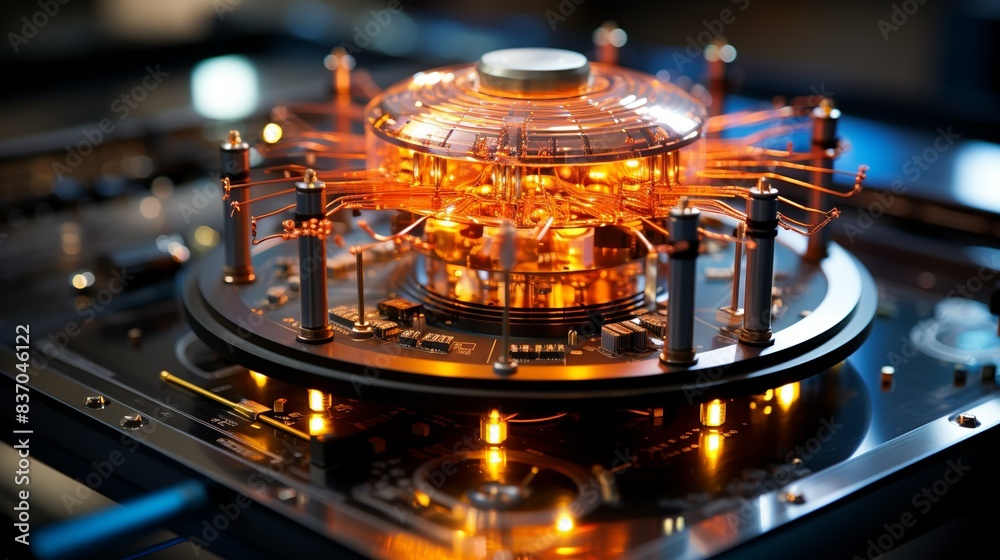 A high-resolution image of a quantum computer with qubit processors and superconducting ...