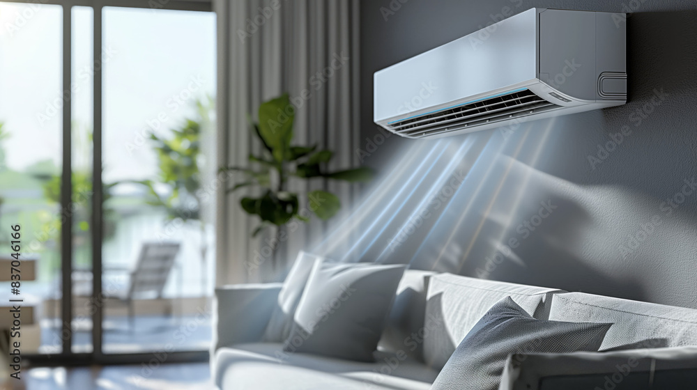 A modern air conditioner mounted on a wall, emitting cool, flowing air ...