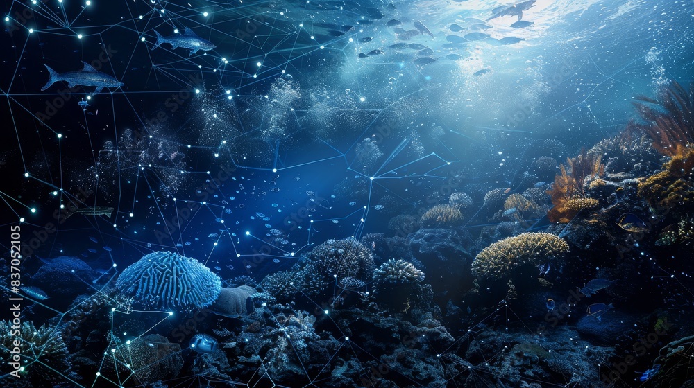 Underwater scene with marine life interacting with data visualizations ...