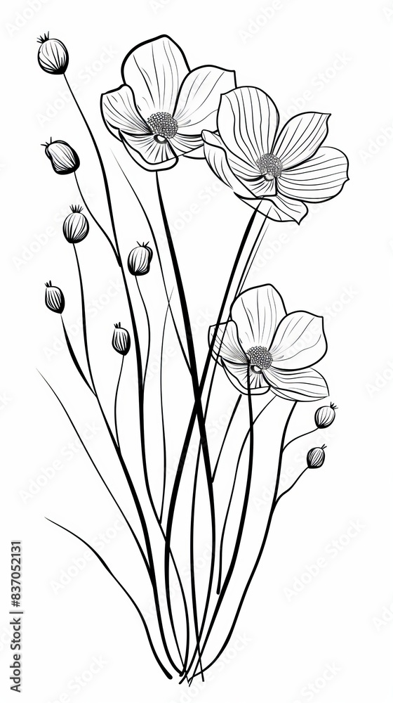 A simple line drawing of white clover flowers on a white background ...