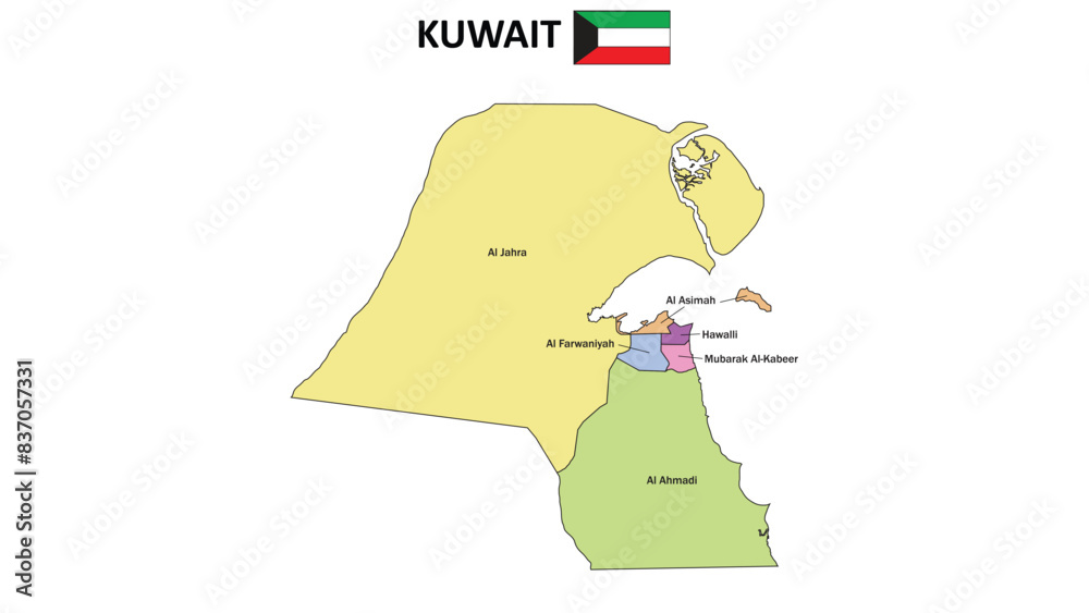 Kuwait Map. State and union territories of Kuwait. Detailed colourful ...