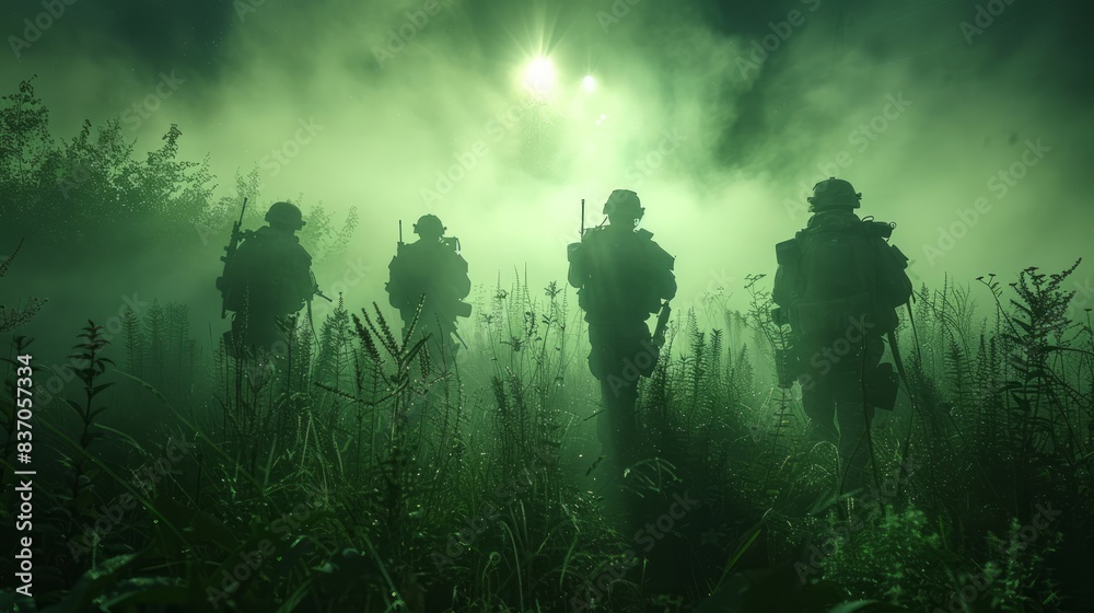 Special operations forces conducting a night raid with night vision ...