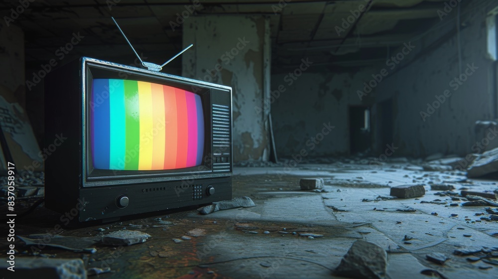 old retro tube TV with a rainbow screen image in an empty abandoned ...