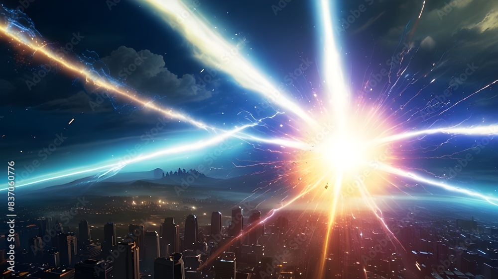 x-ray laser beam falling from the sky and destroying a city, hammer of ...