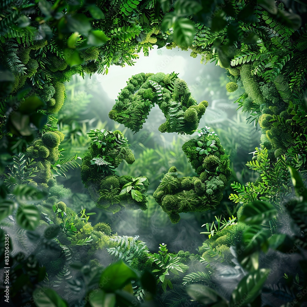 Lush green 3D leaves and trees forming a nature design with an oxygen ...