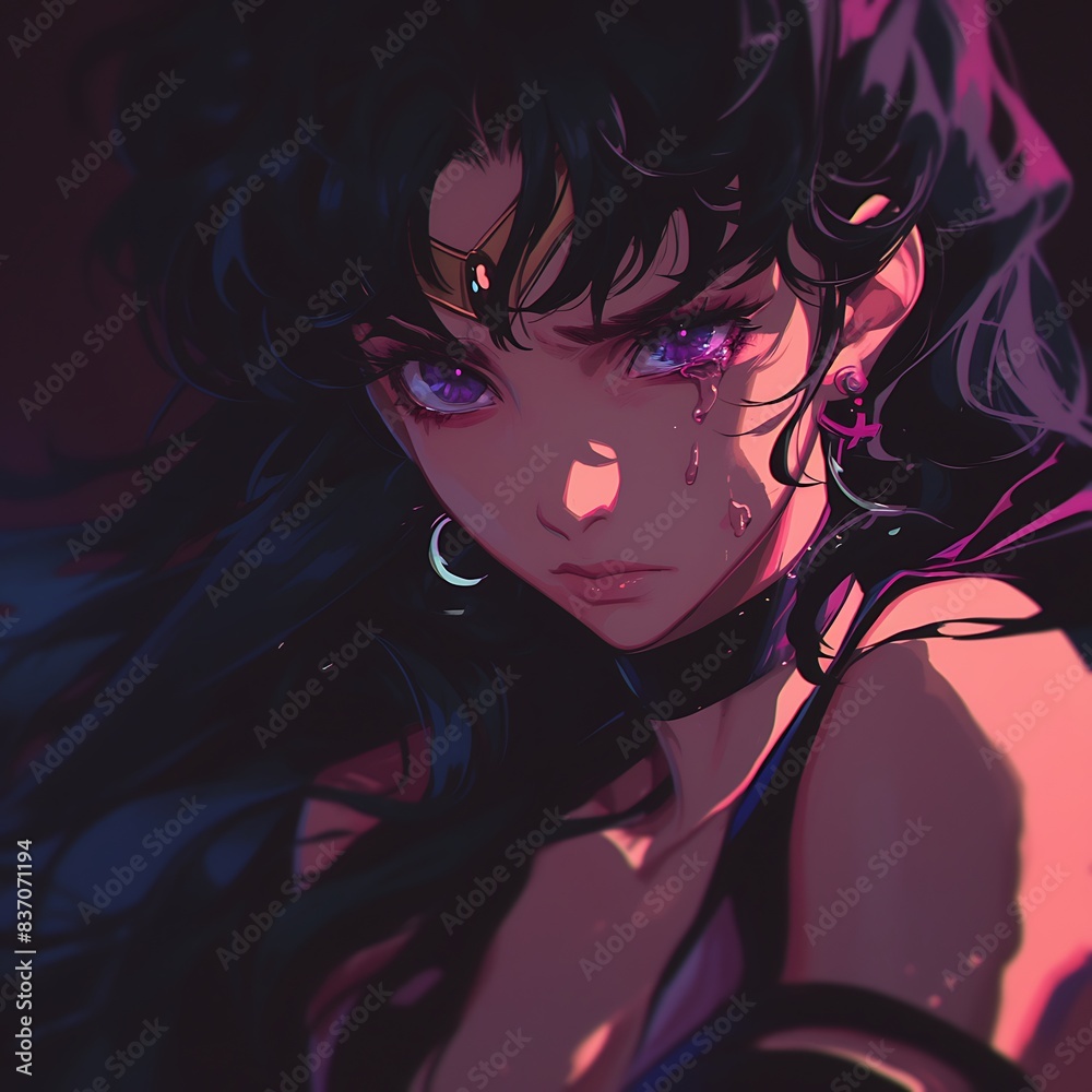 A retro anime profile picture of an androgynous woman with black hair ...