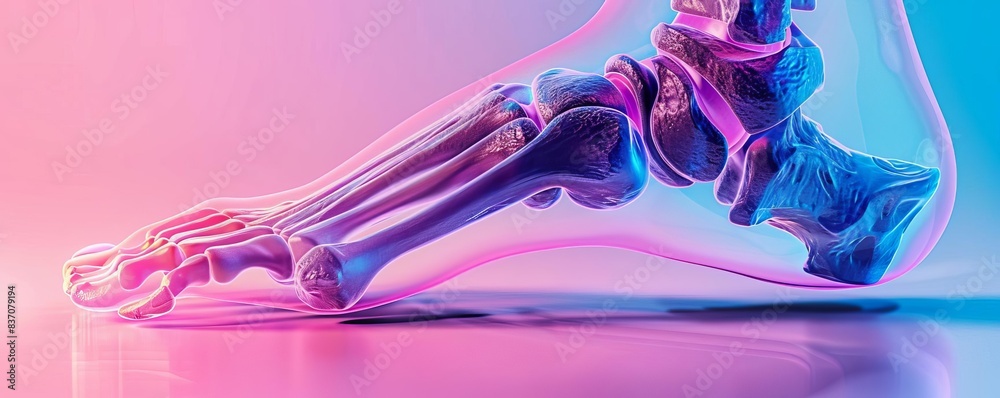 An illustration of the human foot showing bone structure against a pink ...