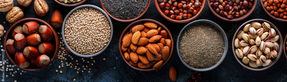 A variety of nuts and seeds in small bowls, healthy fats theme, top ...