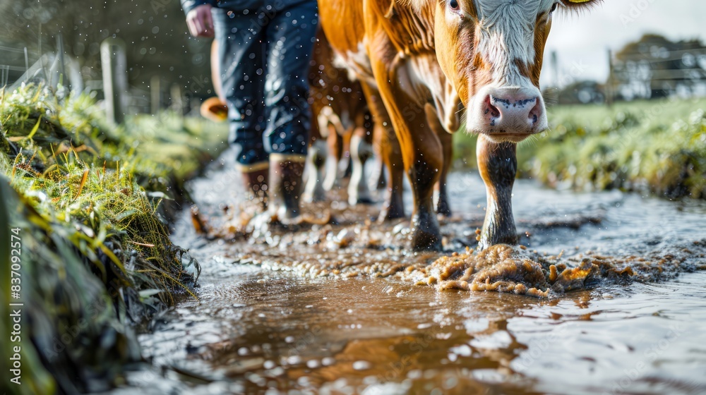Farmers milking cows in a well-maintained dairy farm, illustrating the ...