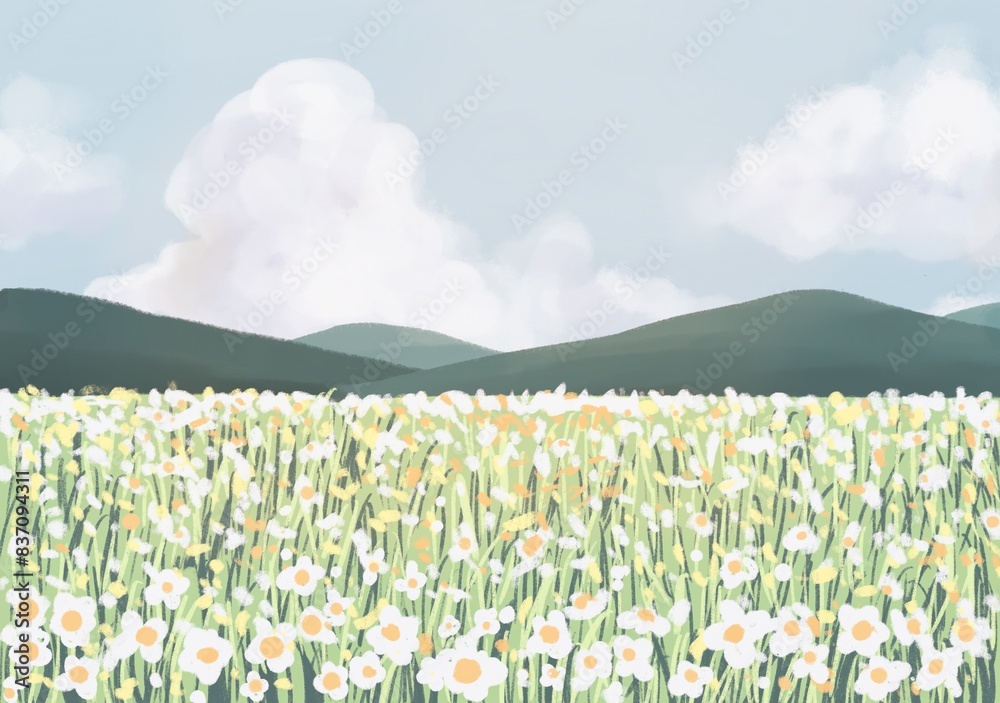 Cartoon background drawing of a white flower field landscape with green ...