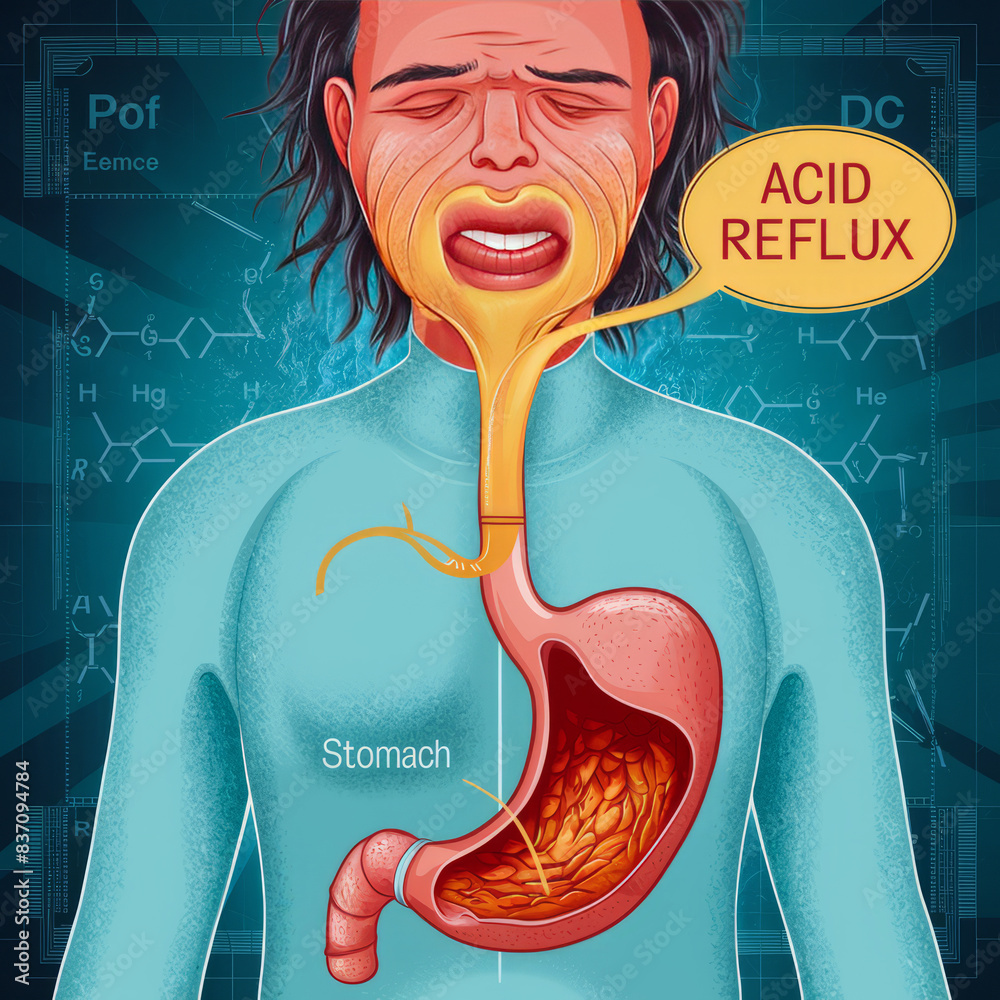 Detailed Educational Illustration of Acid Reflux and GERD with Anatomical Labels, Medical art ...
