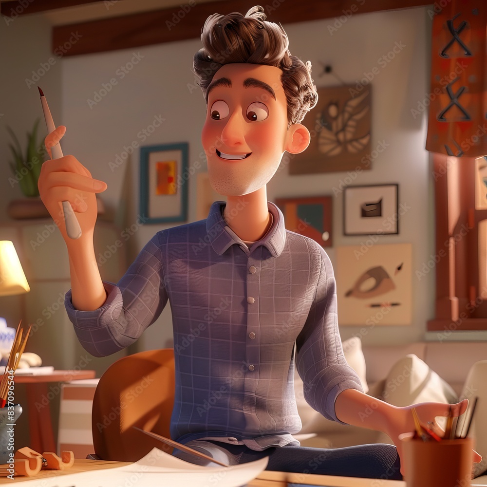 3D animation style, a young man sitting at home, waving a brush to draw ...