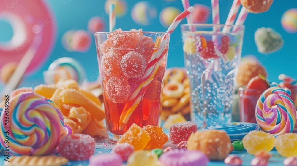 A closeup of sugary snacks and drinks, unhealthy cravings theme, front ...