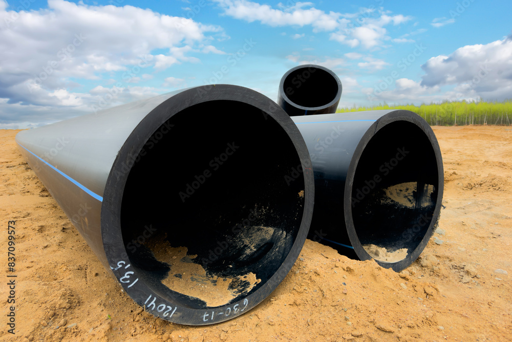 Heating pipes. Laying of underground storm sewer pipes at construction ...