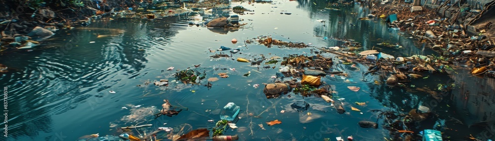A polluted river with floating debris, ecological harm theme, side view ...