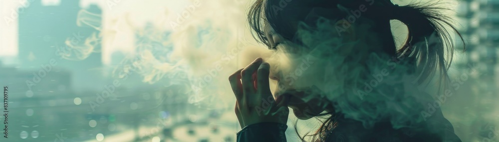 A closeup of a person coughing in smoggy air, air pollution harm theme ...