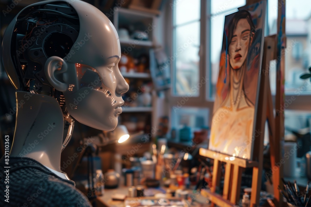 Create a scene where AI is depicted as a muse in the form of a robotic ...
