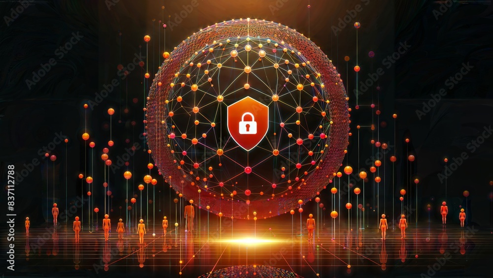 Digital illustration of a secure network with a central lock symbol ...