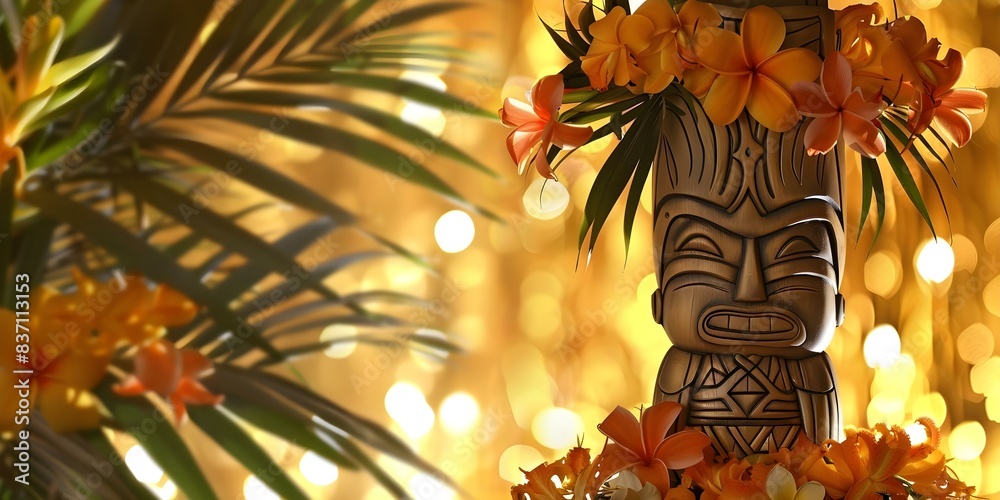 ภาพประกอบสต็อก Hawaiianthemed Tiki sign with tropical elements for a ...