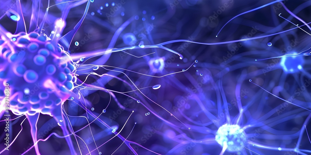 3D visualization of cellular structures with blue vesicles and nerve ...