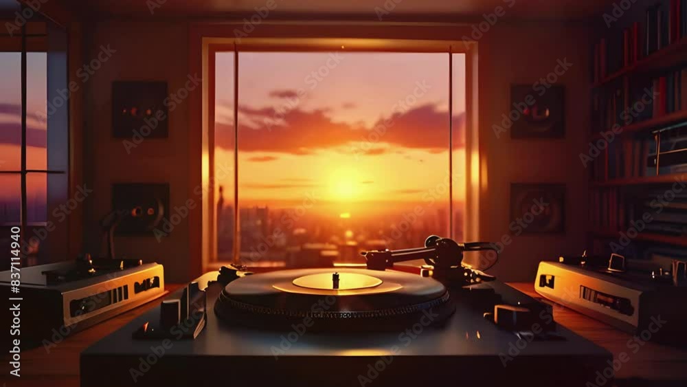 A room vinyl records and a turntable. sunset, stream starting soon ...