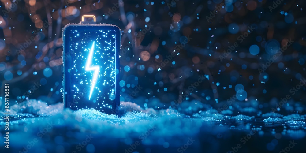 Lithium ion battery with a lightning bolt icon abstract snow ...