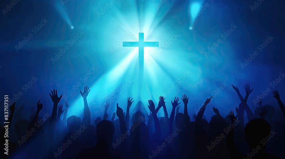 people silhouette with raised hands at christian concert worship God ...