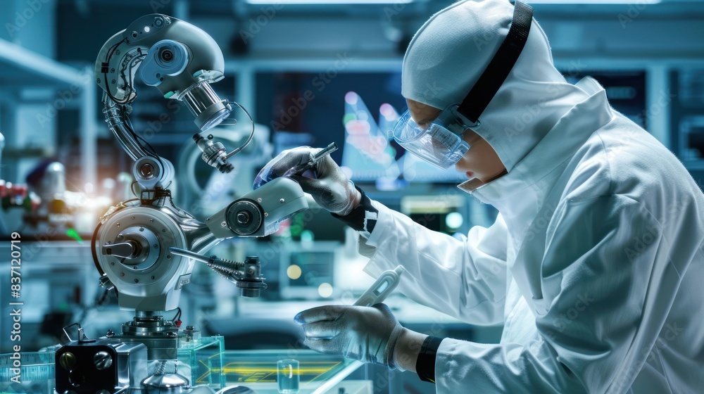 Scientist Testing Advanced Robot - A cyberpunk scientist performs tests ...