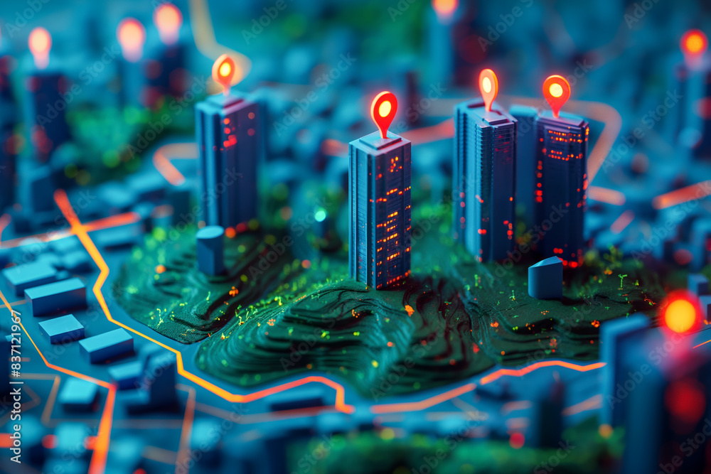 Illuminated location markers on a miniature terrain map featuring ...