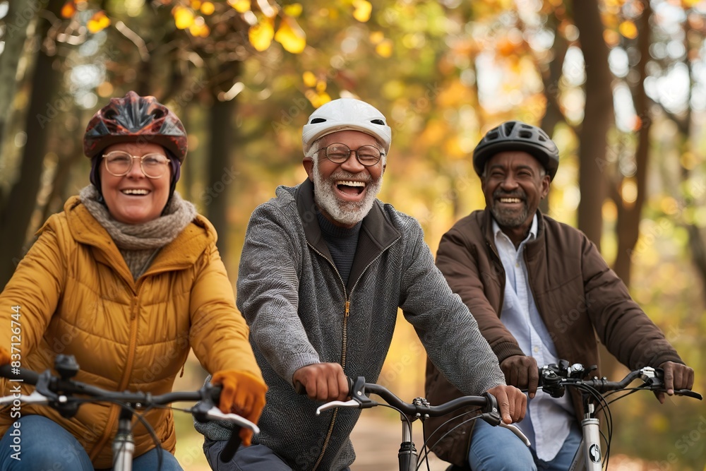 Three smiling seniors ride bikes through a fall foliage setting ...