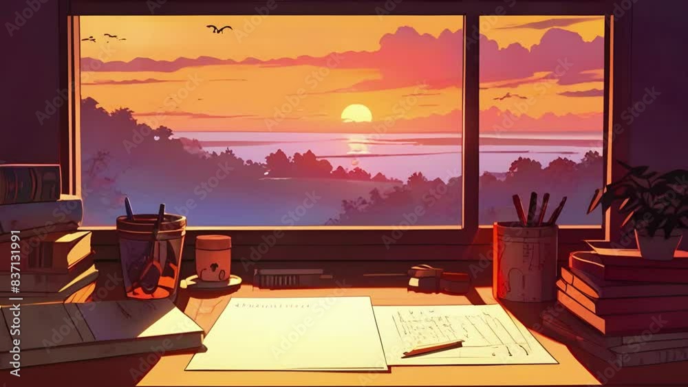 A study desk cluttered with books papers laptop, stream starting soon ...