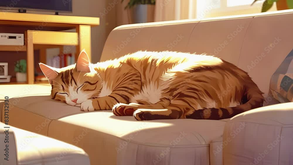 A warm living room with a cat napping on the couch, overlay loop ...
