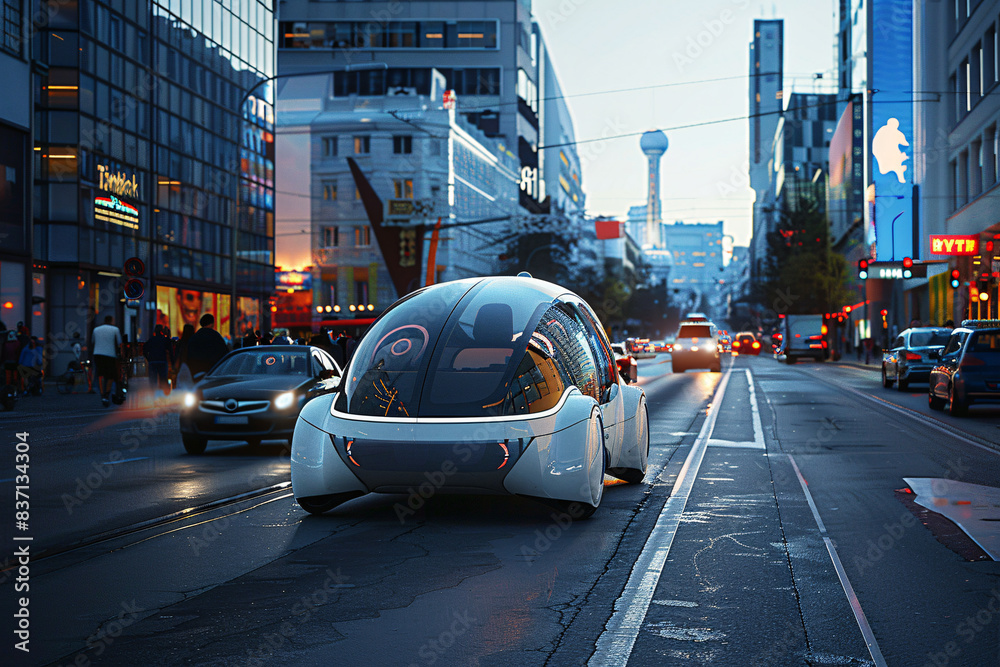 Autonomous hybrid pod car seamlessly merging into traffic on smart city ...