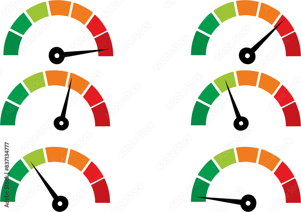 Speedometer different positions. Speed valuation icons, colored ...