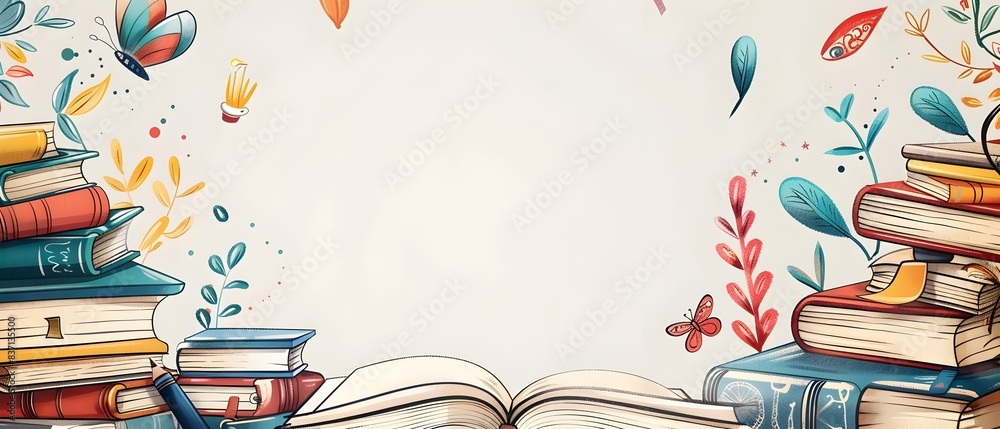 Vintage Bookish Motif Doodle Page Border Design with Blank Space for ...