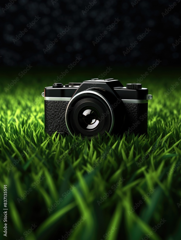 A black camera is sitting on a green field. The camera is black and ...