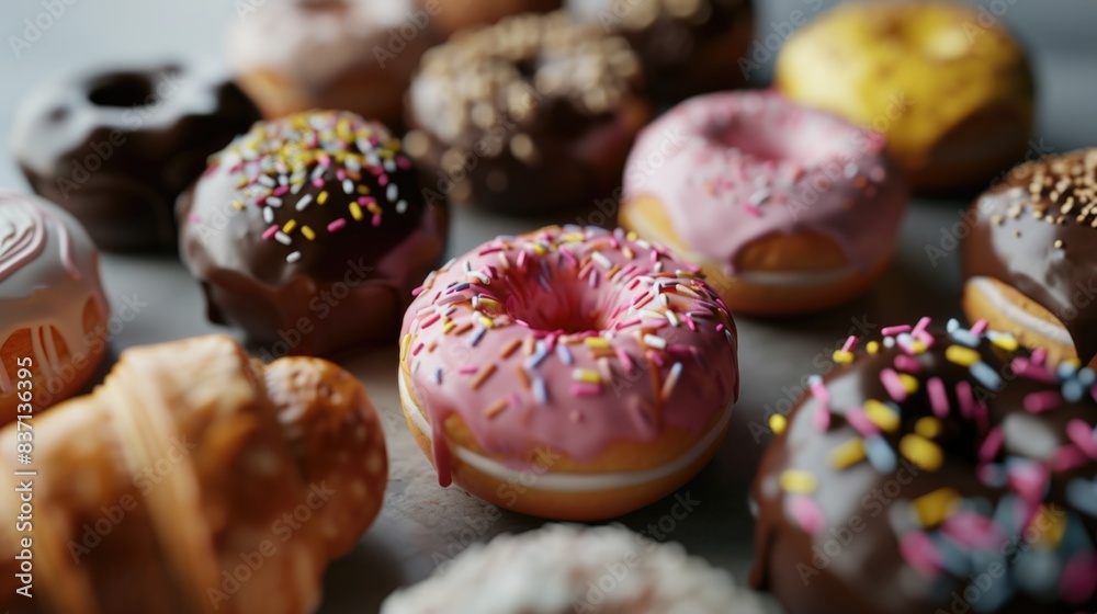 A close up of many different types of donuts with sprinkles on them ...
