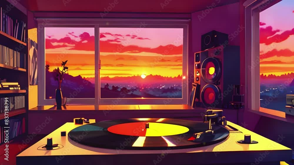 A room vinyl records and a turntable. sunset, stream starting soon ...