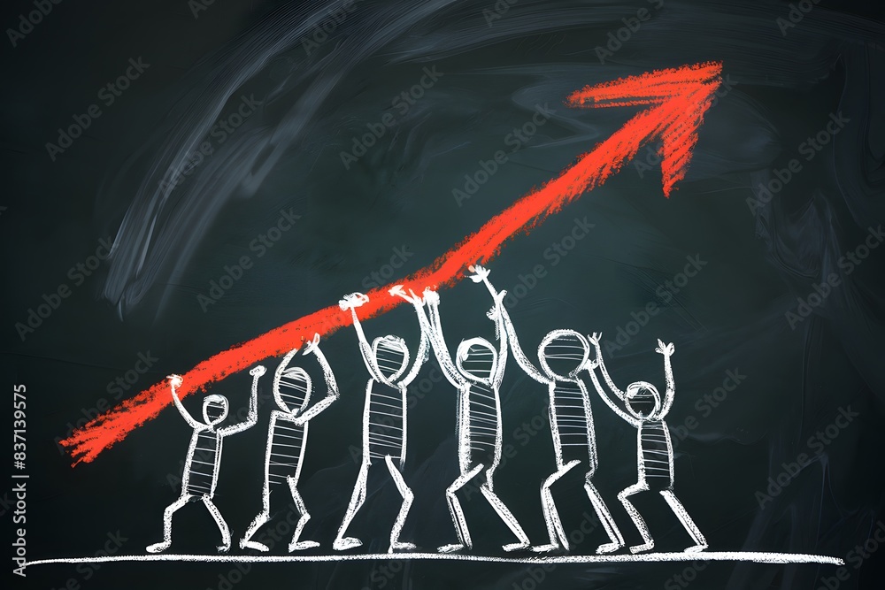 Stick figures cooperate on a chalkboard, raising a red arrow ...