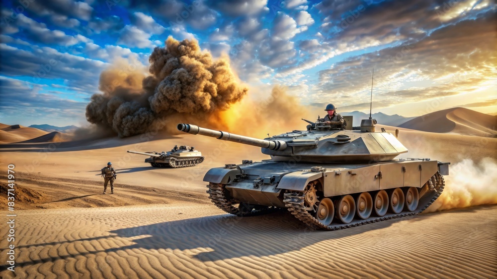 Desert combat scene with battle tank providing support , desert, combat ...
