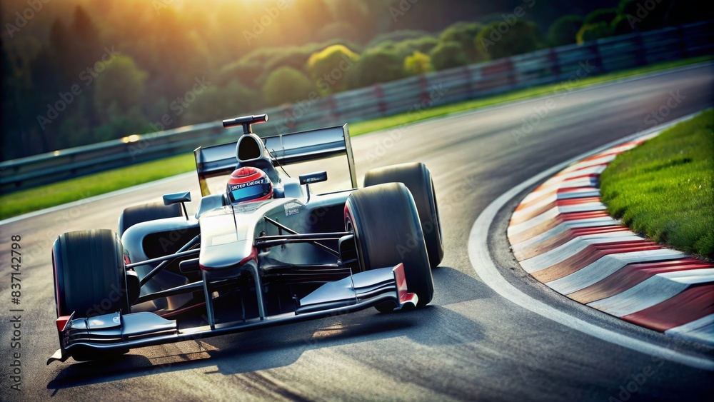 Race car formula 1 driver speeding on a beautiful curve of a race track ...