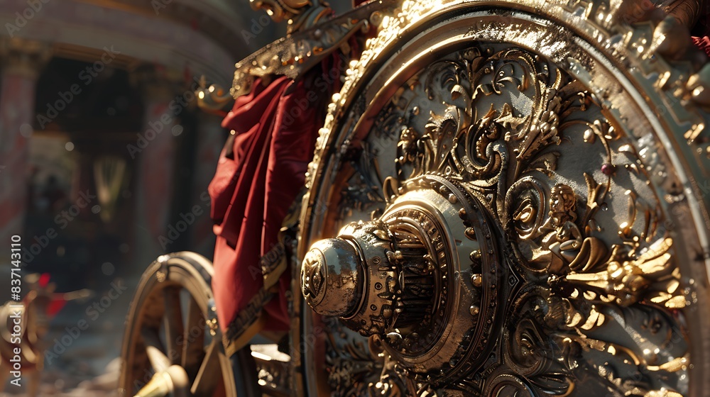 Detailed view of a Roman chariot, complete with ornate carvings and ...