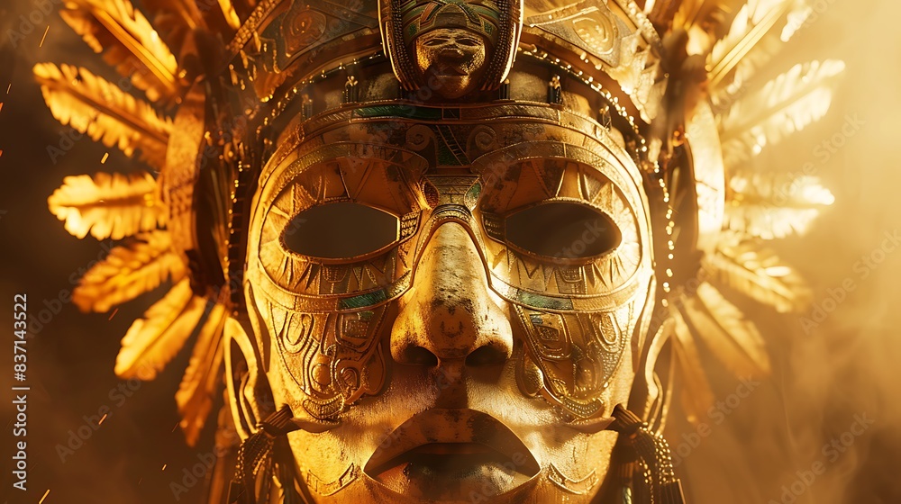 Elaborate Aztec ceremonial mask displayed under soft, golden lighting ...