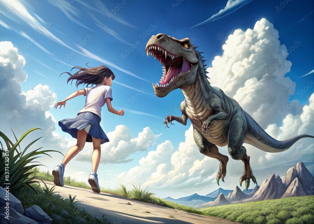 Young woman in manga style running away from a T-Rex in a captivating ...