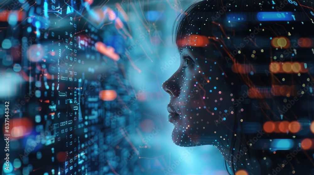 AI robot woman with artificial intelligence analysis flow big data ...