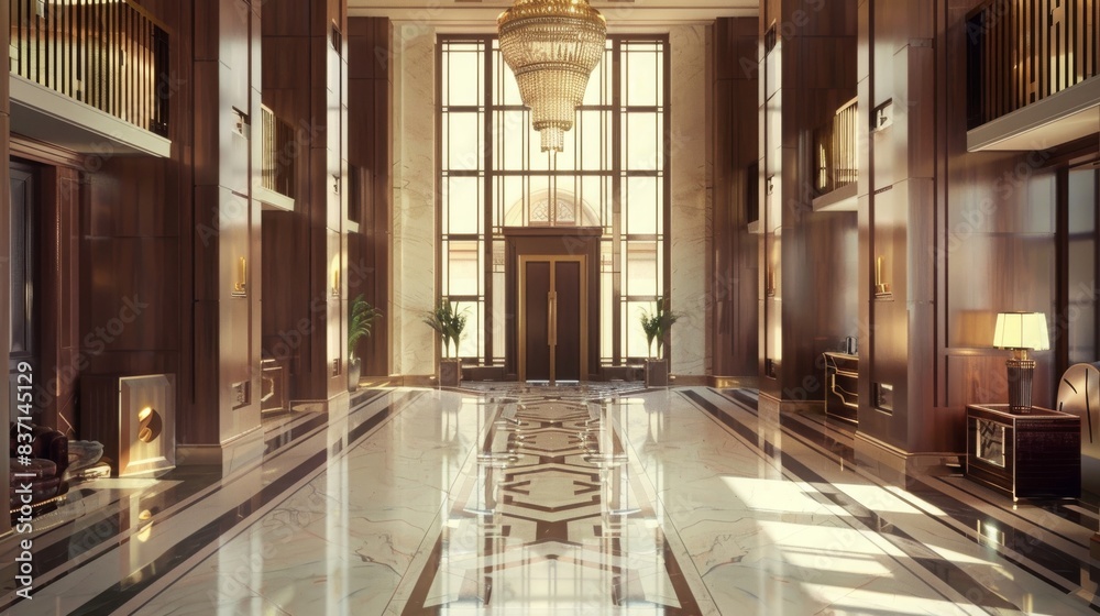 Grand hallway with massive chandelier hanging over mirrored floor ...